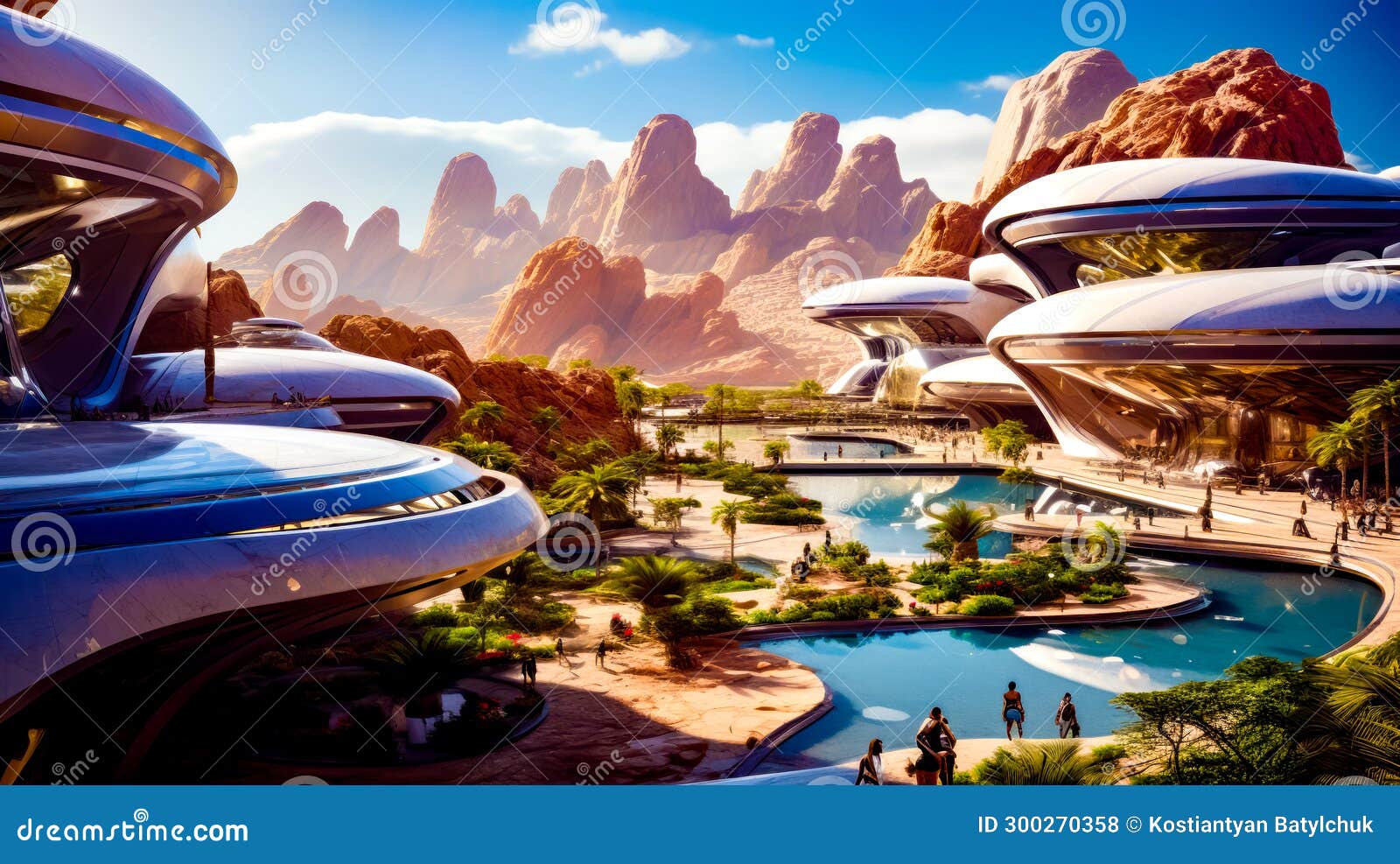 Futuristic City with Mountains in the Background and Pool in the ...