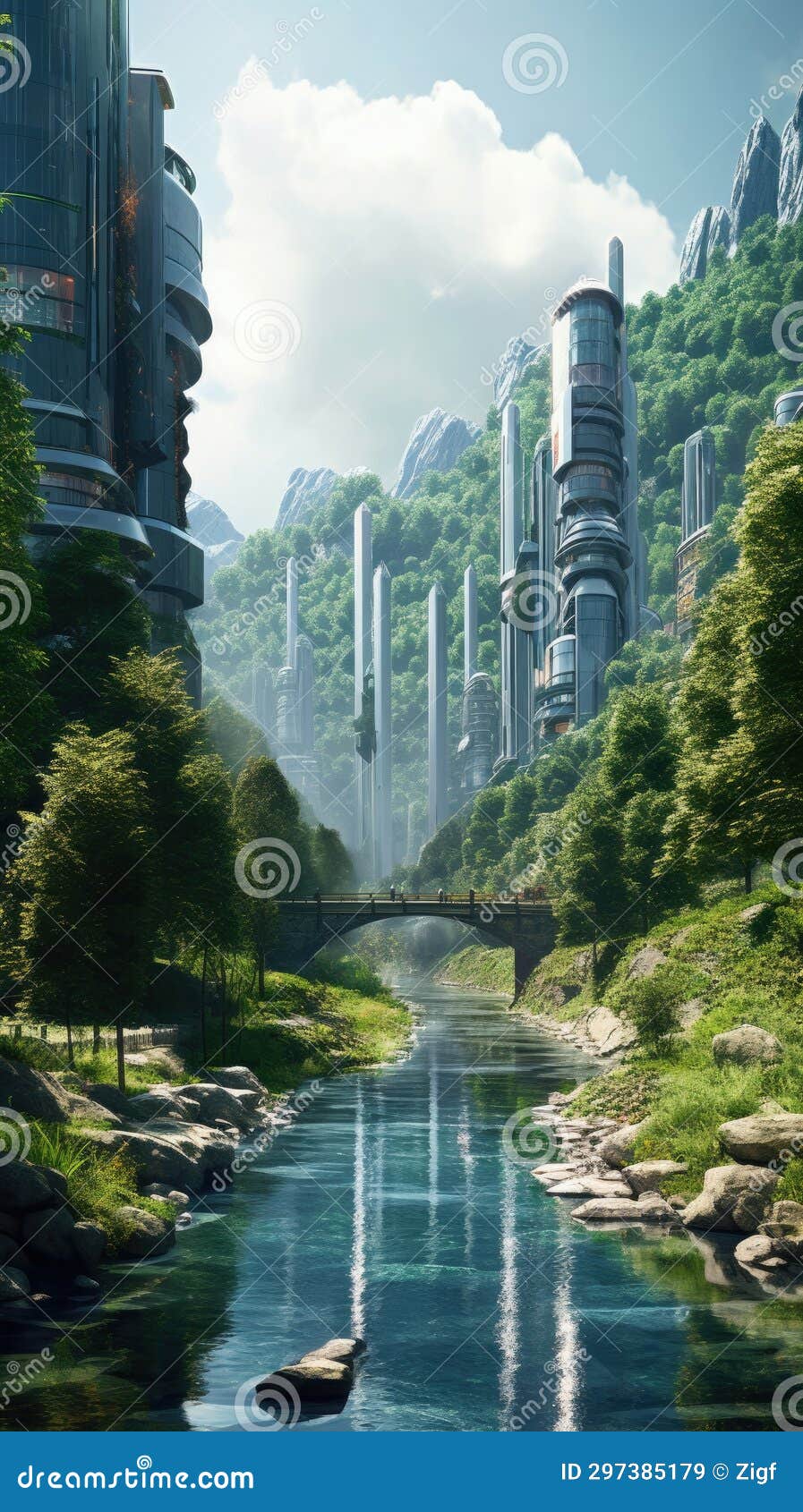 Futuristic City in the Mountains with a River Flowing through it Stock ...