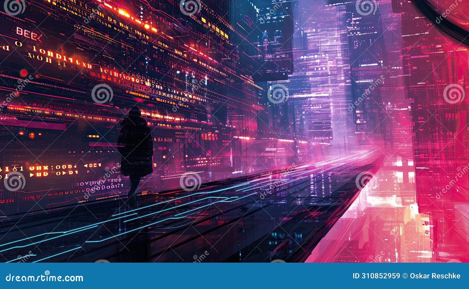 Futuristic City with Neon Lights. a Cyber Incursion, with Lines of Code ...