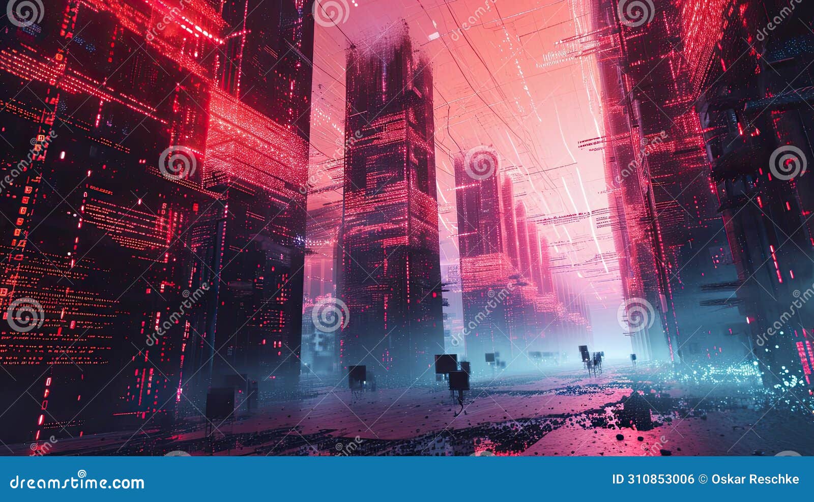 Futuristic City with Neon Lights. a Cyber Incursion, with Lines of Code ...