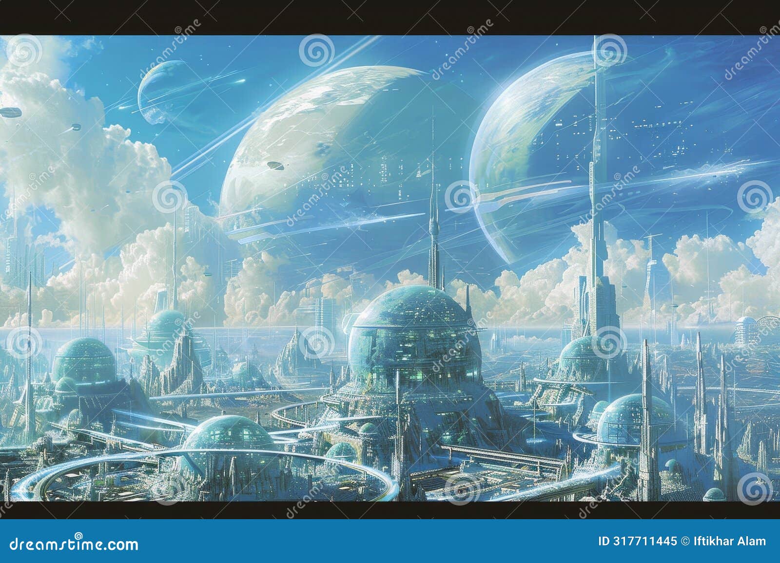 A Futuristic City on a Network of Space Colonies, Surrounded by Planets ...