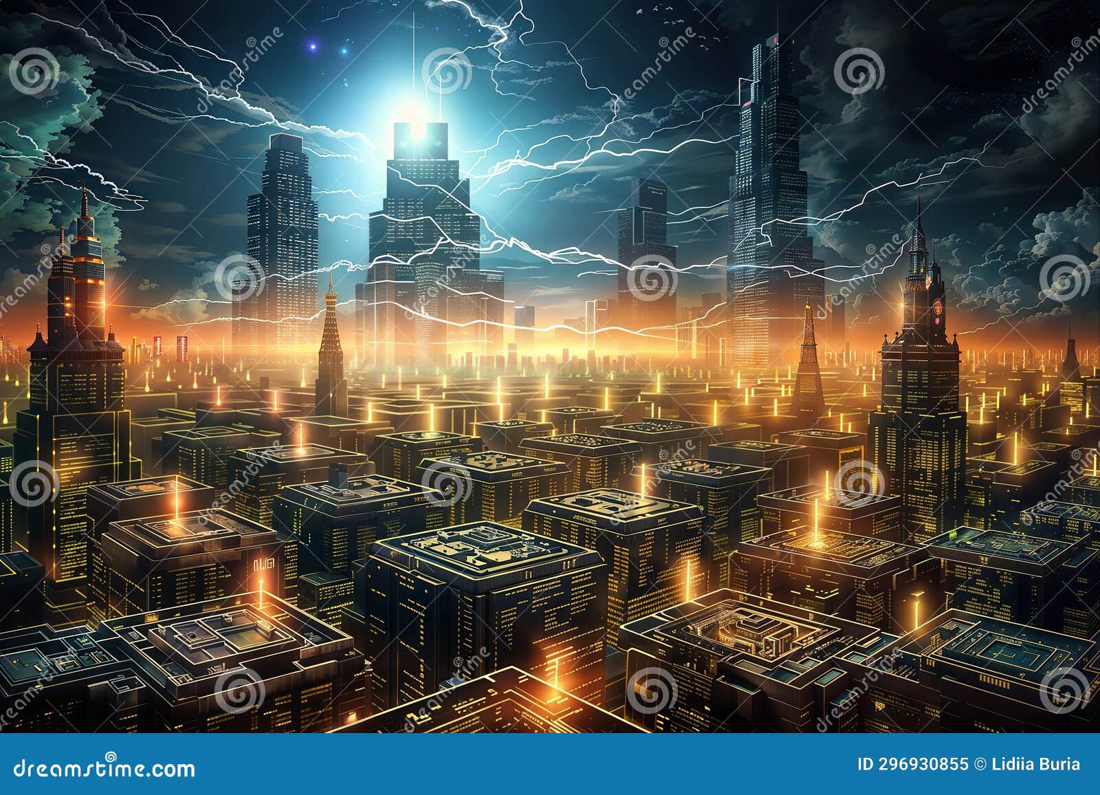 Futuristic City at Night with Lightning, 3D Illustration., Generative ...