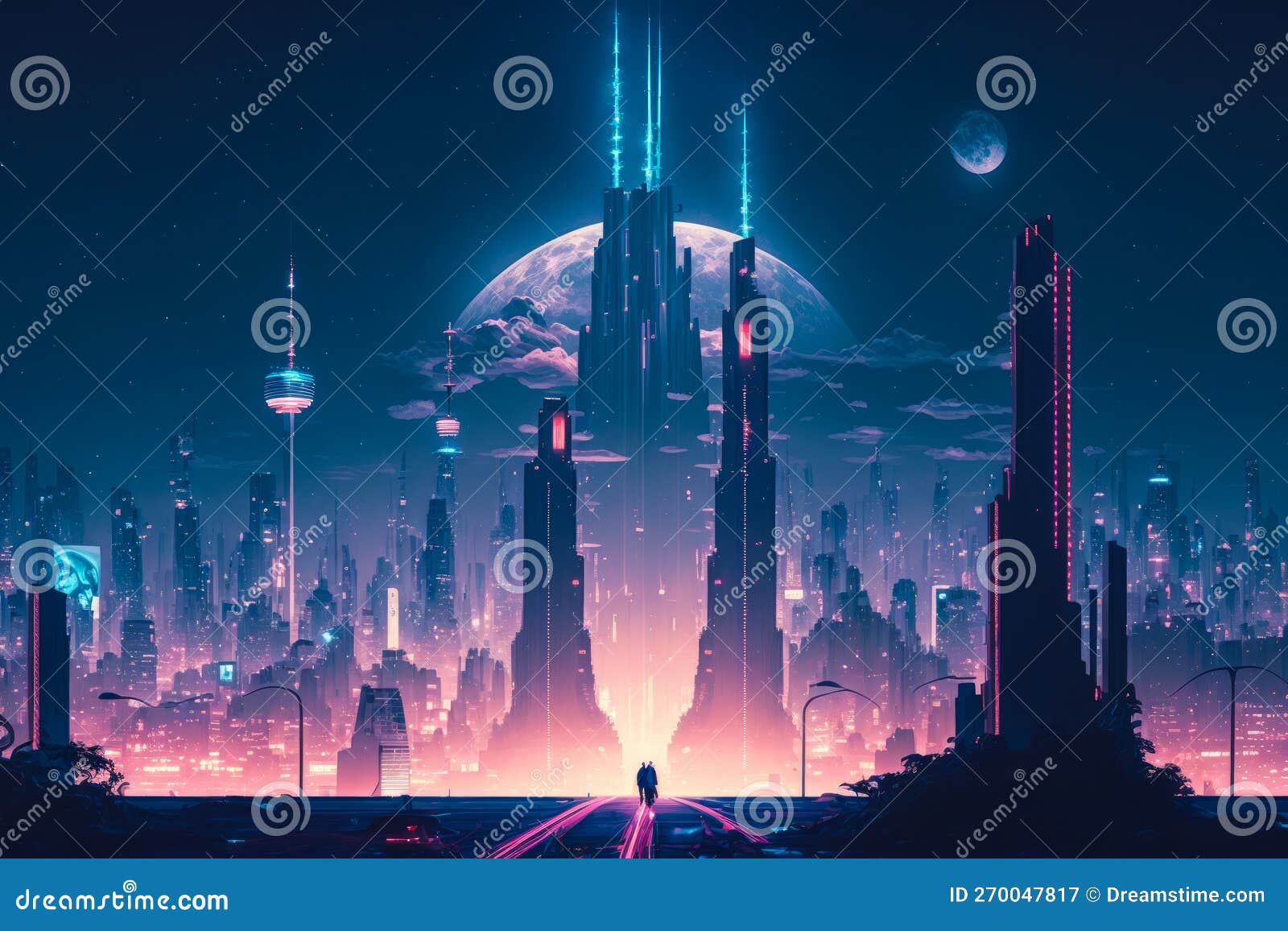 Futuristic City at Night with Lights and Buildings. Generative AI Stock ...