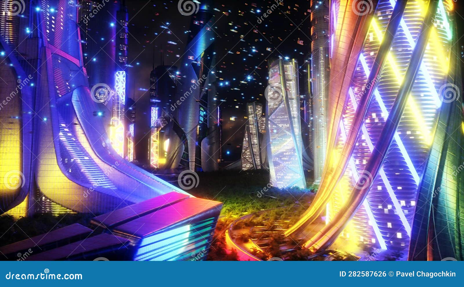 Futuristic City Night. Sci Fi Architecture and Buildings. Future ...