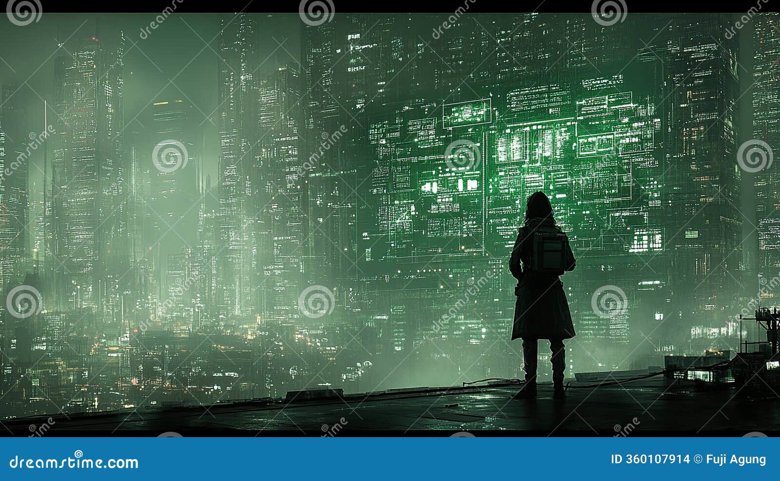 Futuristic City Night, Woman Observes Data Screen Stock Illustration ...