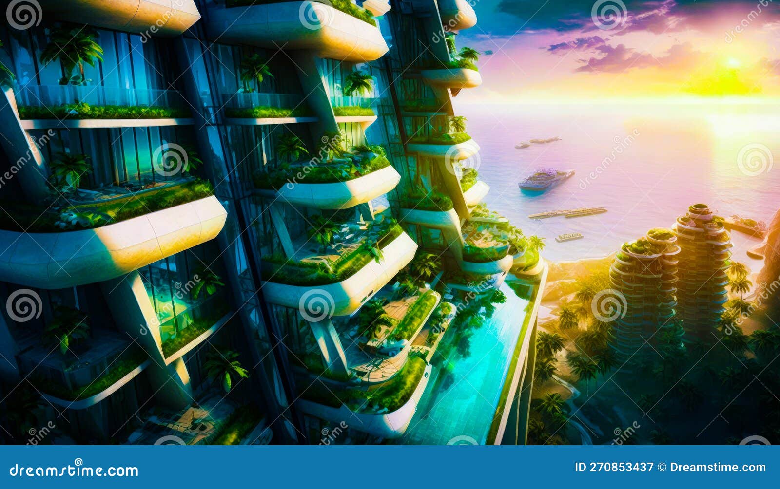 Futuristic City Overlooking the Ocean at Sunset Generative AI. Stock ...