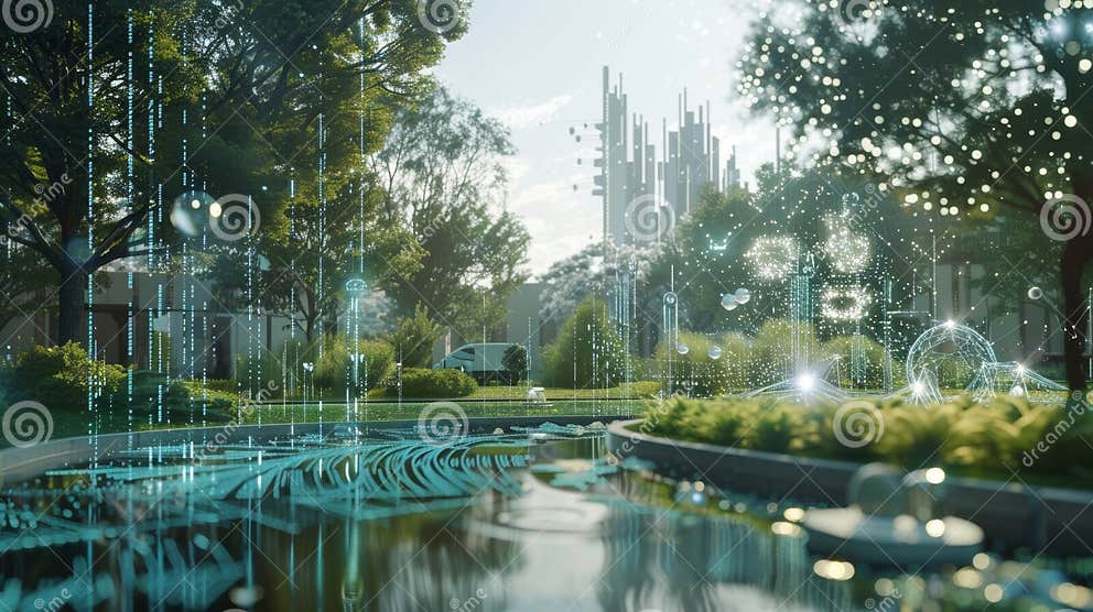 Futuristic City Park Showing Data Flowing in Augmented Reality Stock ...