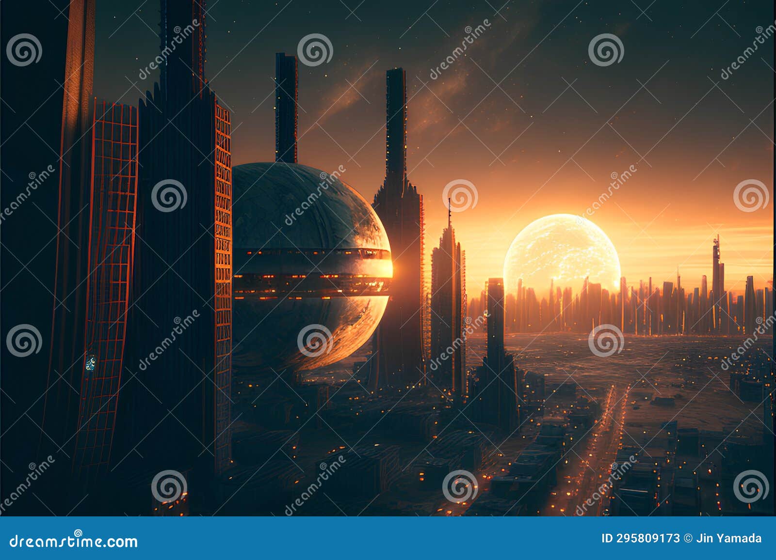 Futuristic City with Planet and Skyscrapers. 3d Rendering Stock ...