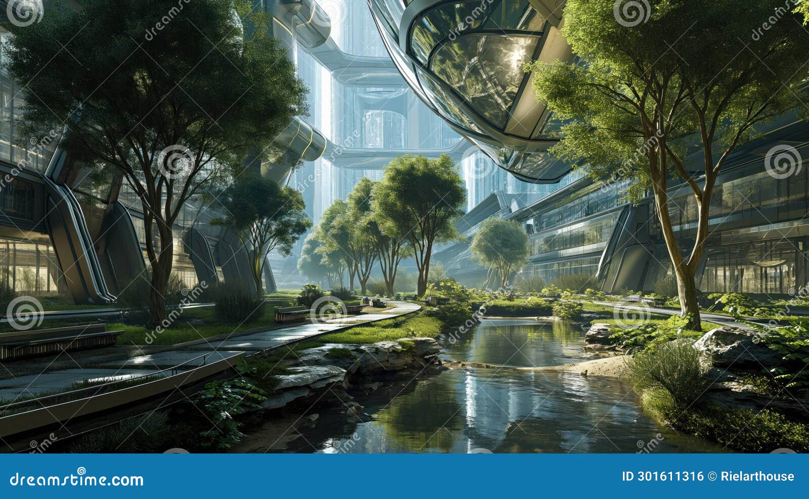 Futuristic City with a River Near the City and Trees Stock Illustration ...