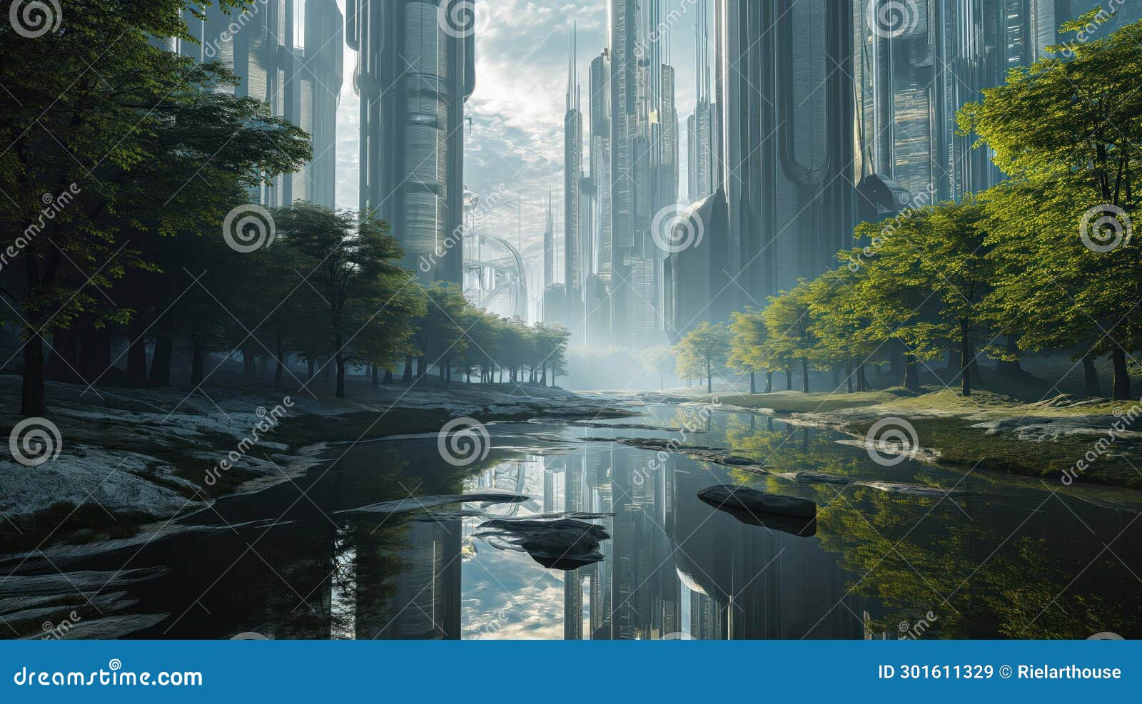 Futuristic City with a River Near the City and Trees Stock Illustration ...