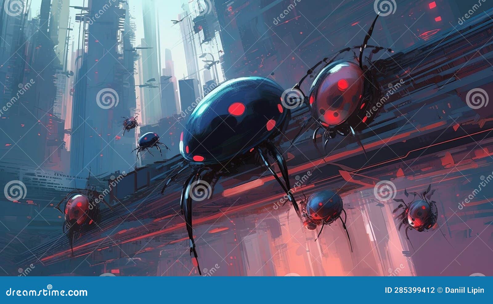 A Futuristic City with Robotic Ladybug Drones Stock Illustration ...