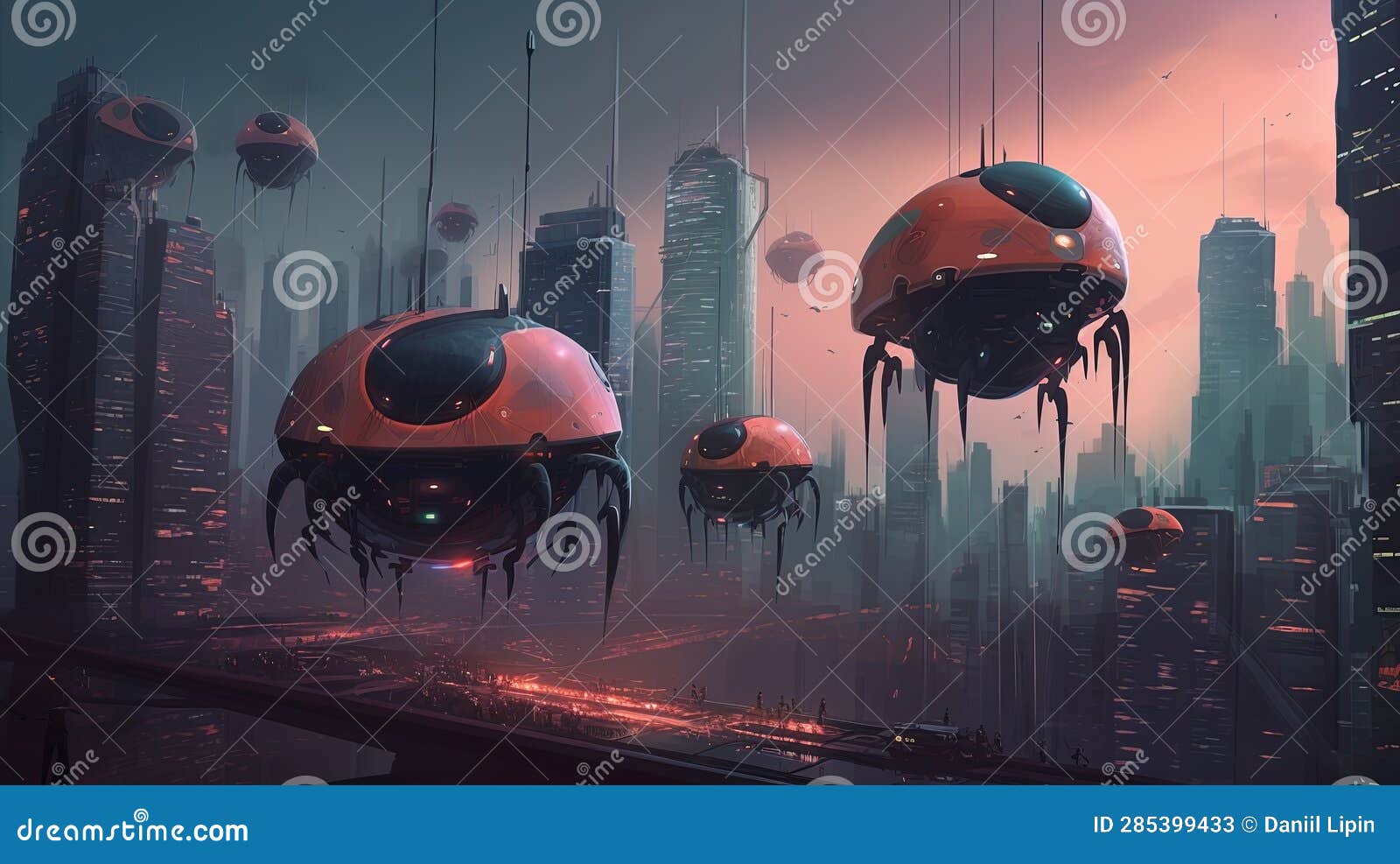 A Futuristic City with Robotic Ladybug Drones Stock Illustration ...