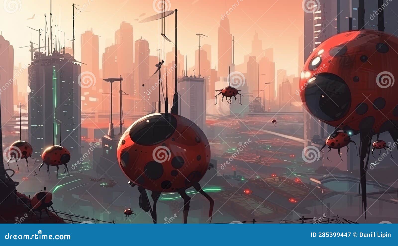 A Futuristic City with Robotic Ladybug Drones Stock Illustration ...