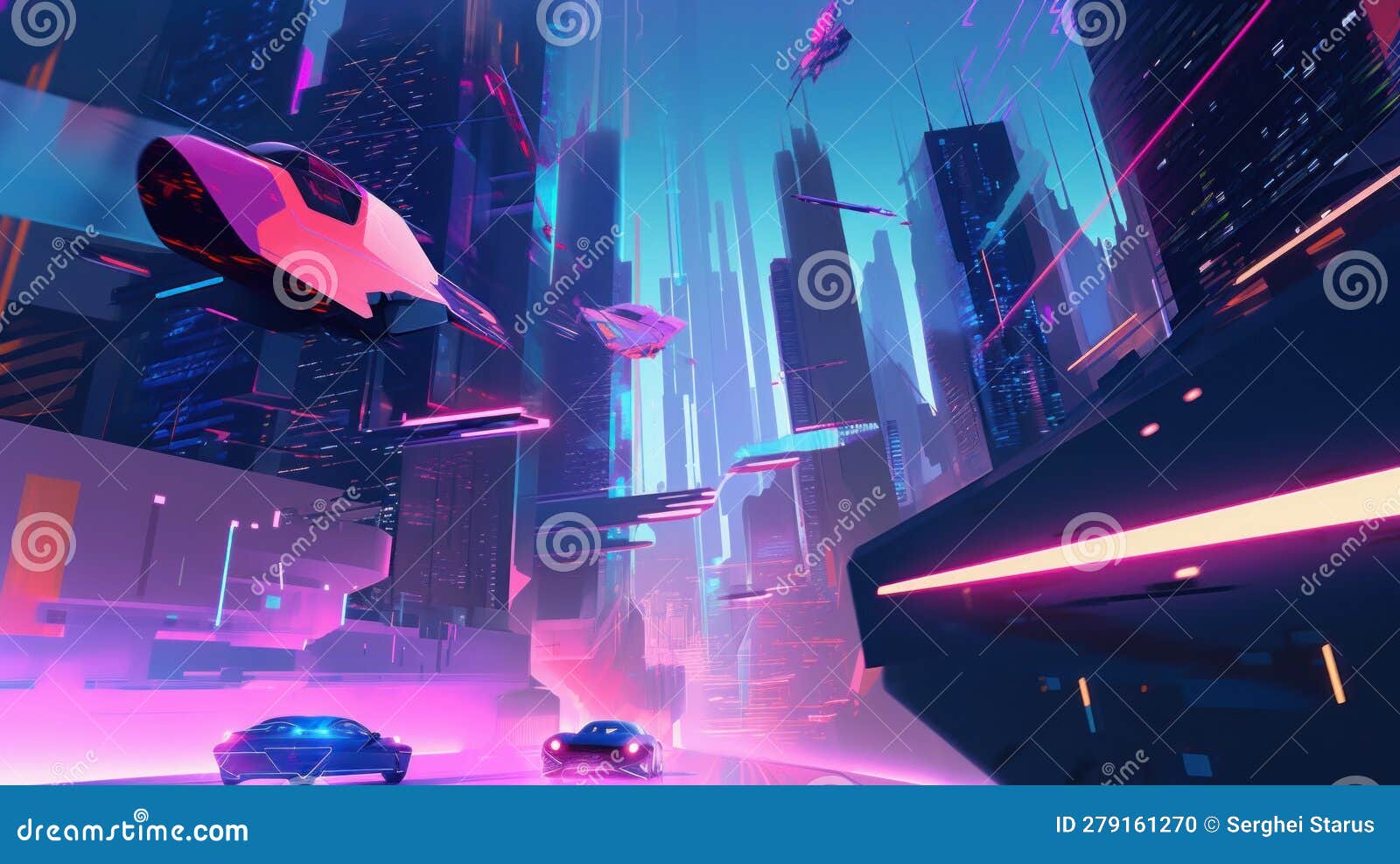 A Futuristic City Scene with a Car and a Helicopter. Generative AI ...
