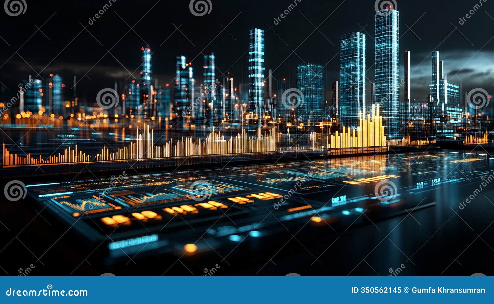 Futuristic City Skyline with Digital Data Visualization and Glowing ...