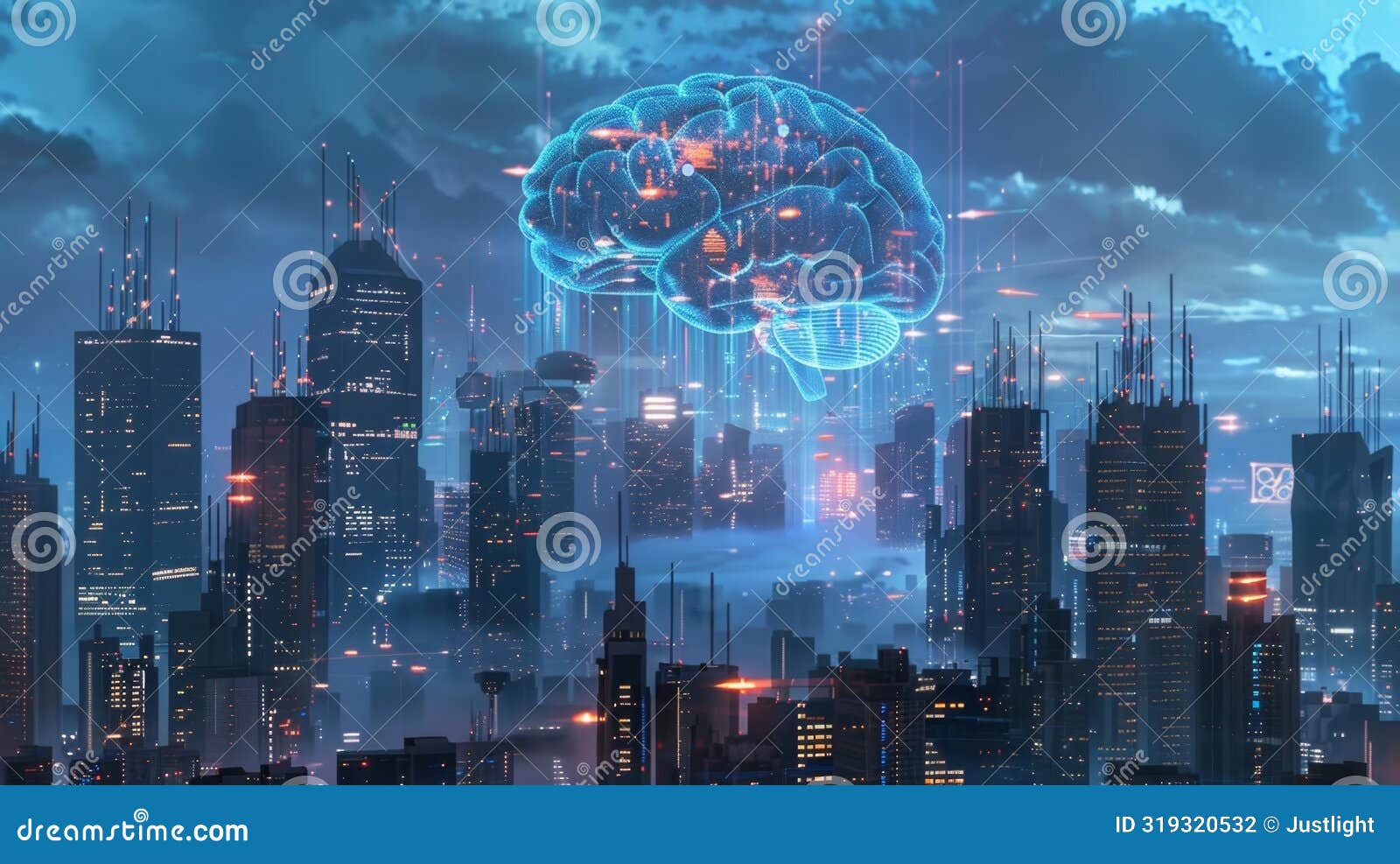 A Futuristic City Skyline with a Giant Glowing Brain Monument in the ...