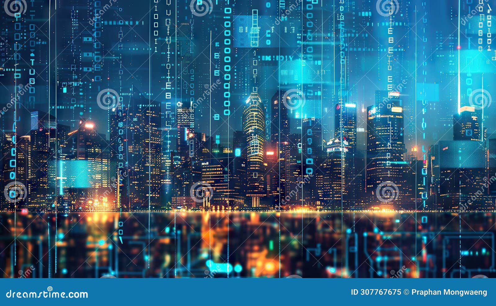 Futuristic City Skyline Merging with Digital Code, Symbolizing Business ...