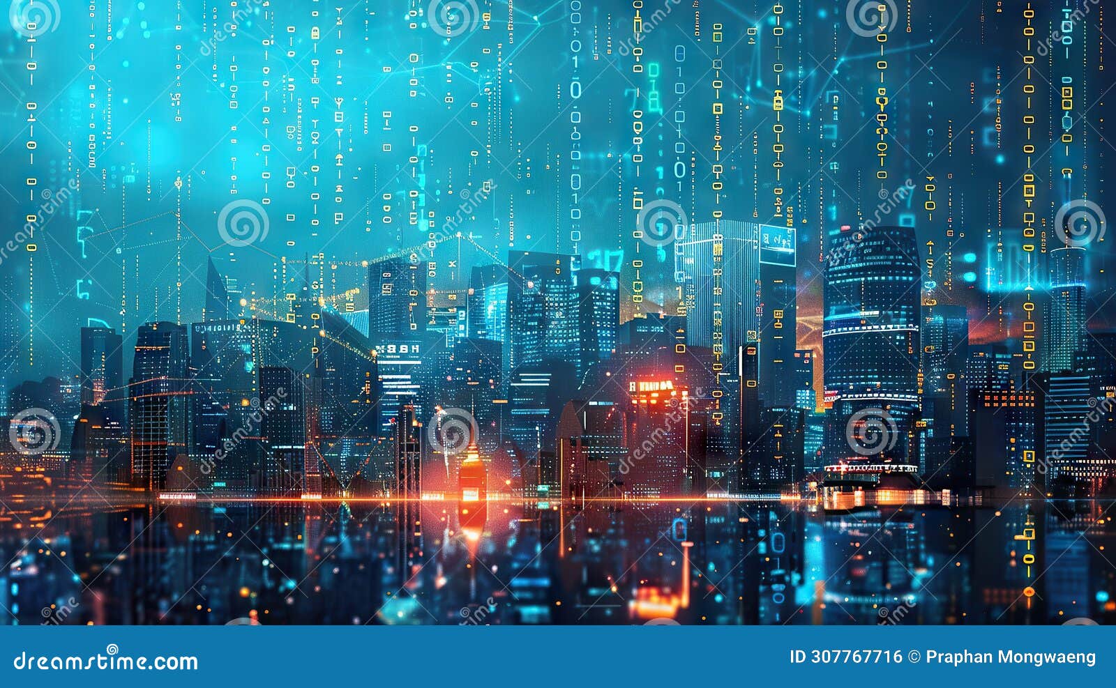 Futuristic City Skyline Merging with Digital Code, Symbolizing Business ...