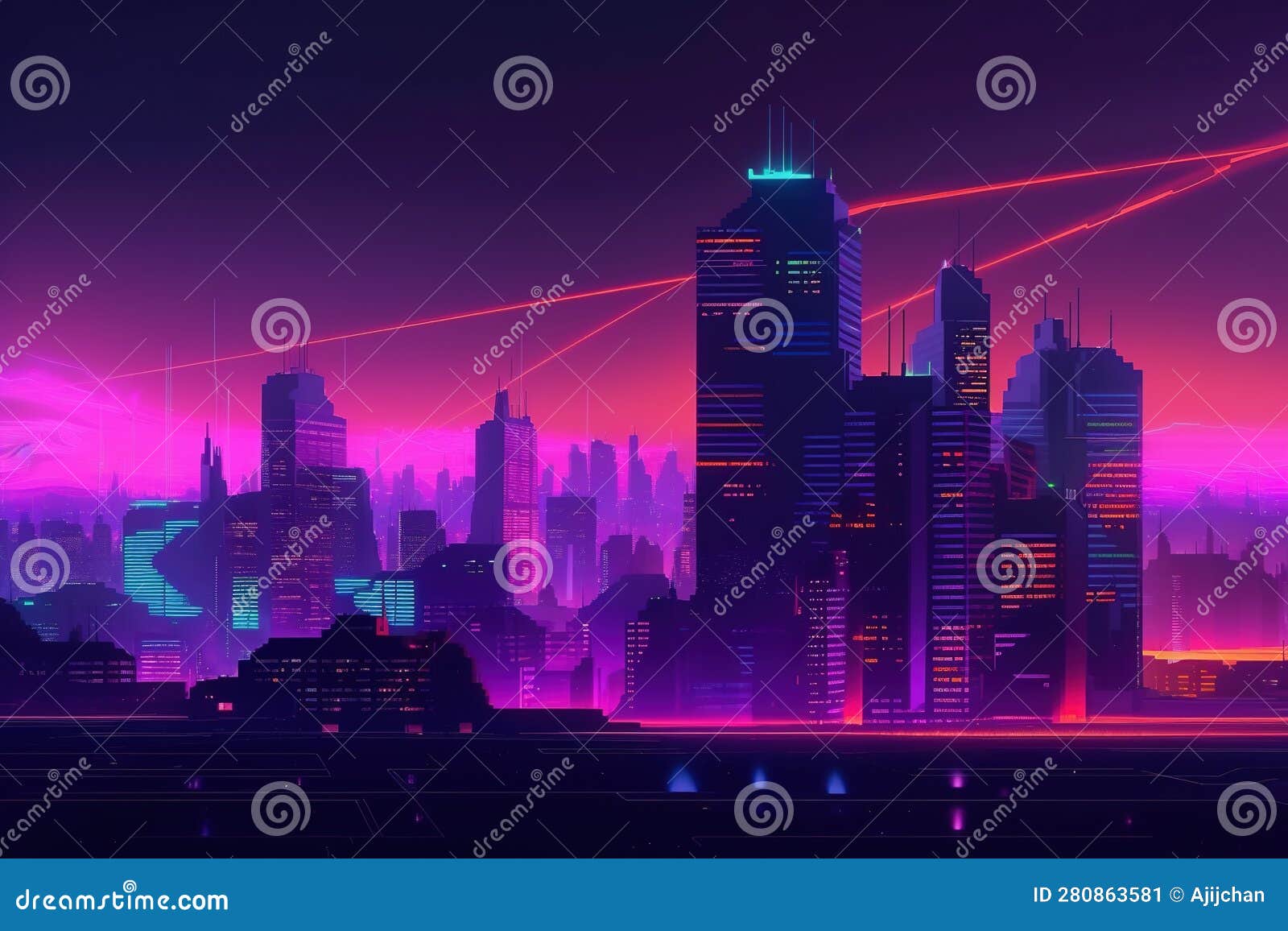 Futuristic City Skylines with Neon Lights Effect Stock Illustration ...