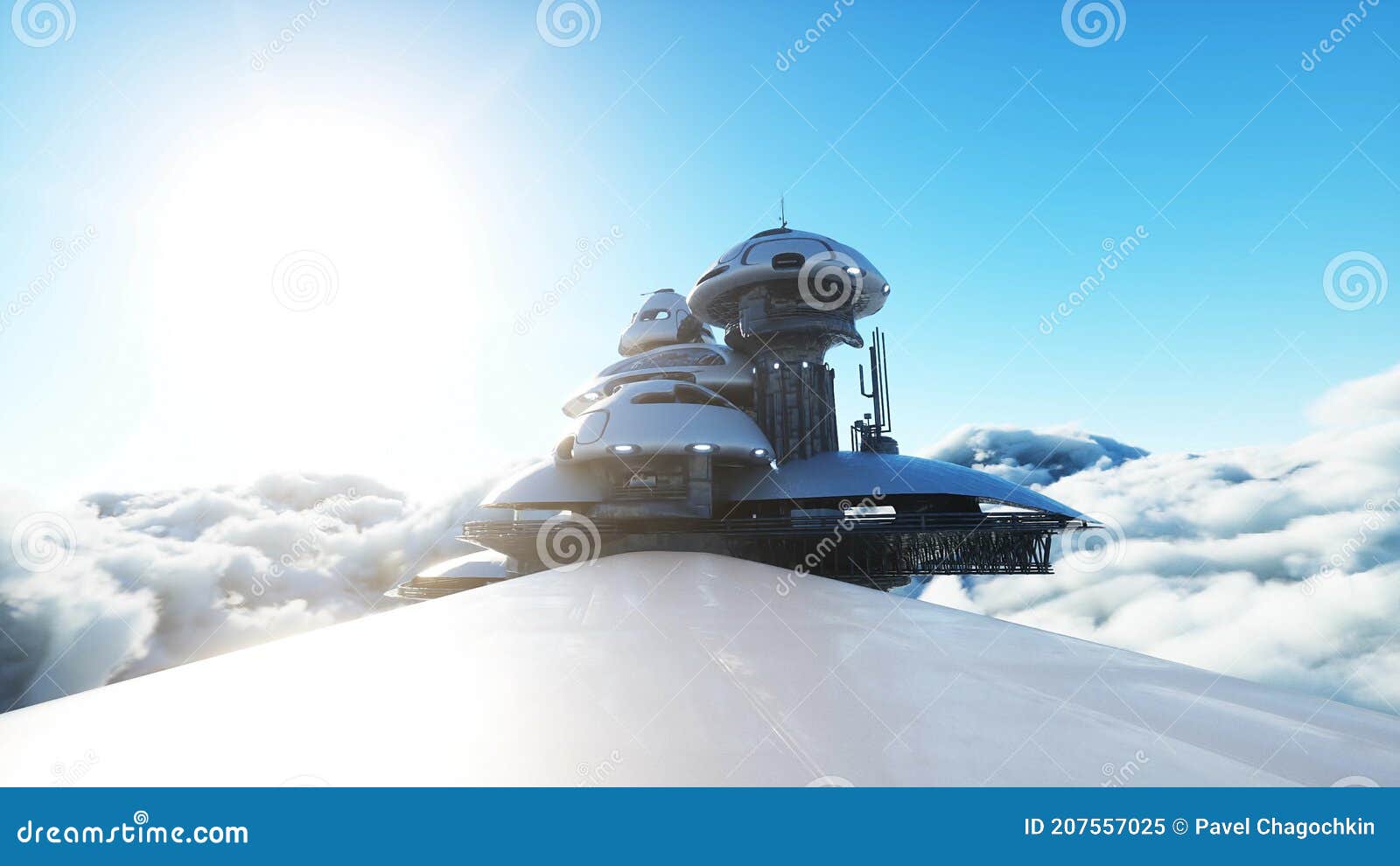 Futuristic City Station on the Clouds. Flying Futuristic Ships. Concept ...