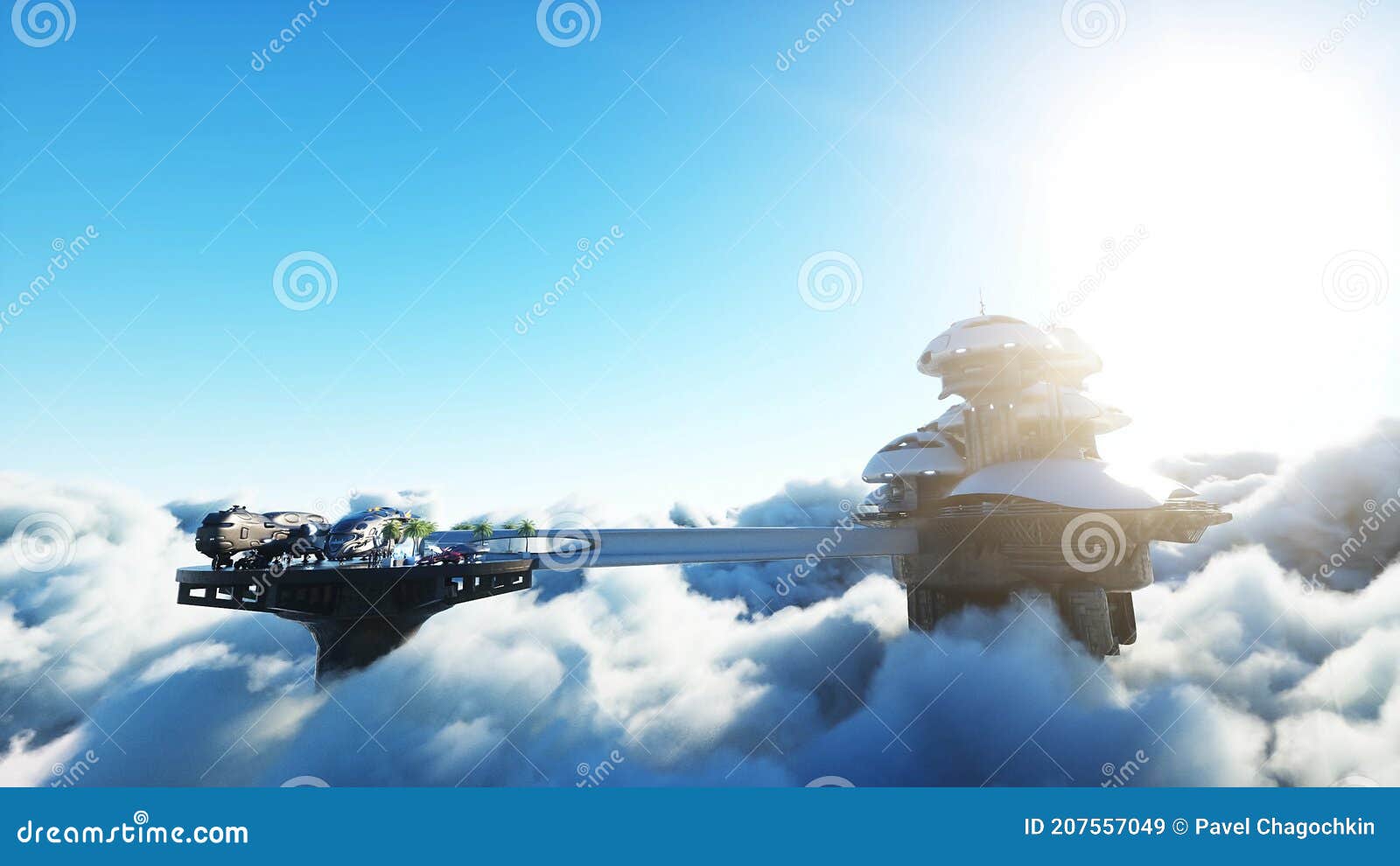 Futuristic City Station on the Clouds. Flying Futuristic Ships. Concept ...