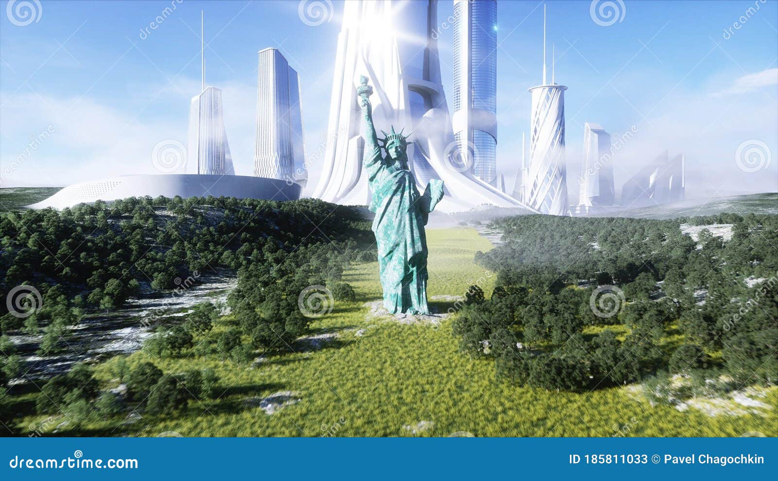 Futuristic City and Statue of Liberty. Future Concept. Aerial View. 3d ...