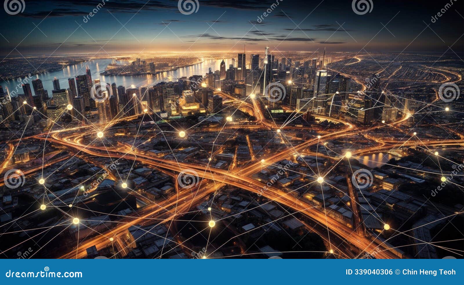 A Futuristic City at Sunset, Illuminated with Glowing Network ...