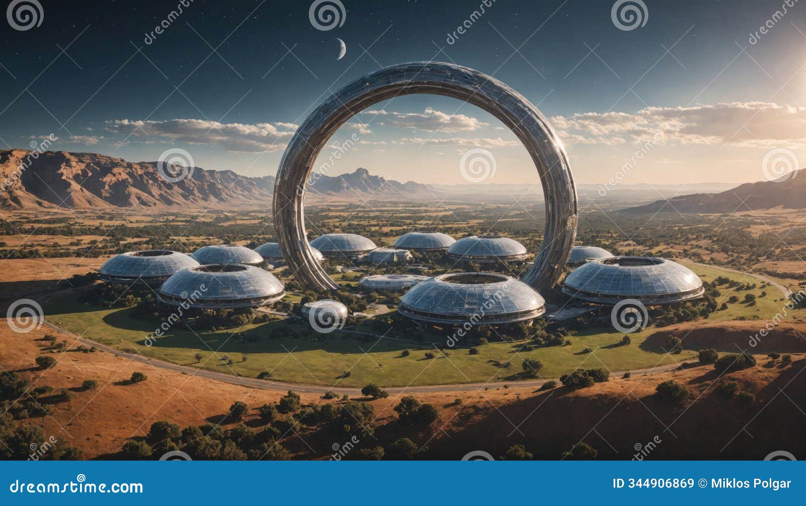 A Futuristic City is Surrounded by Dome Structures and a Large Ring ...