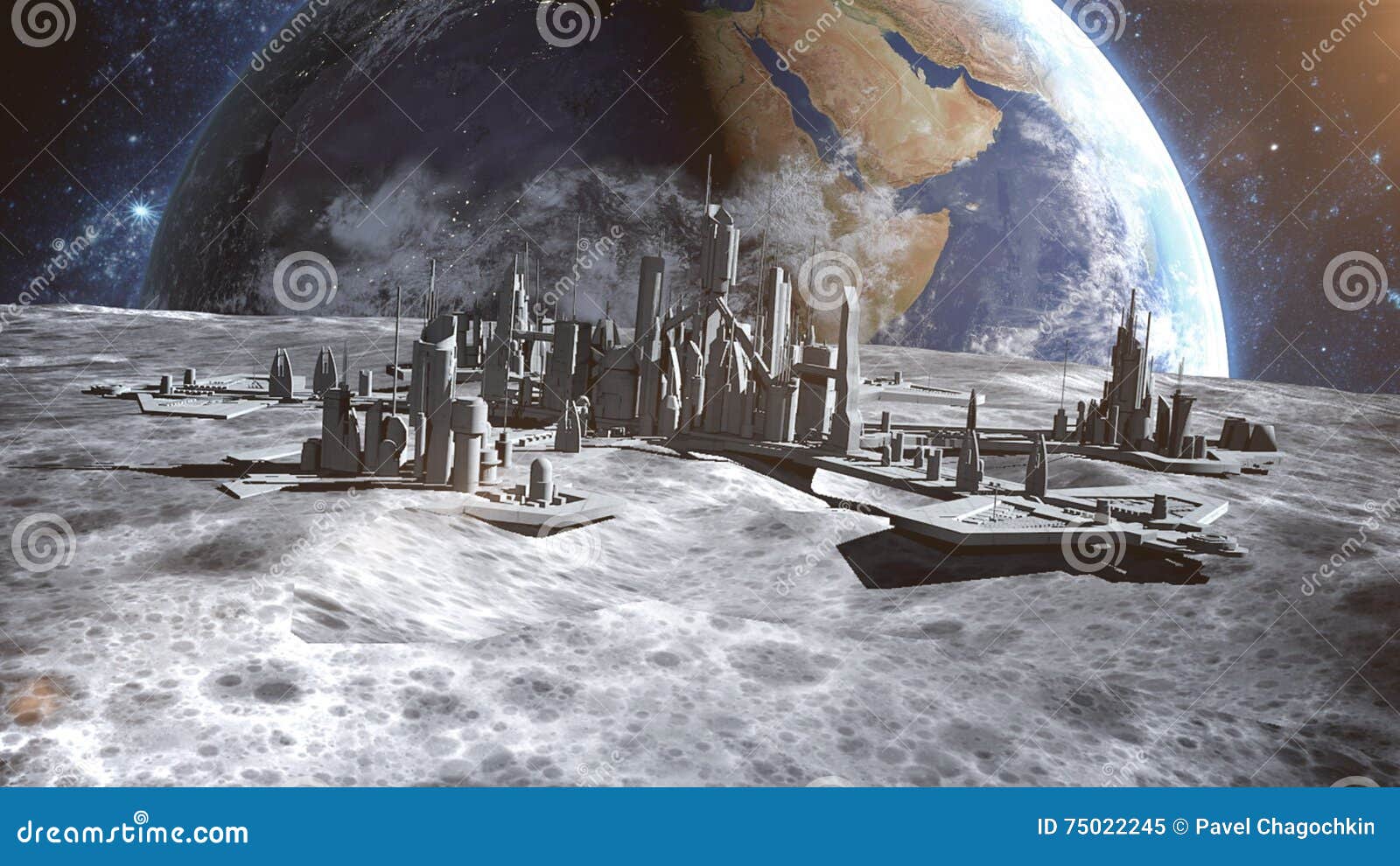 Futuristic City, Town on Moon. the Space View of the Planet Earth Stock ...