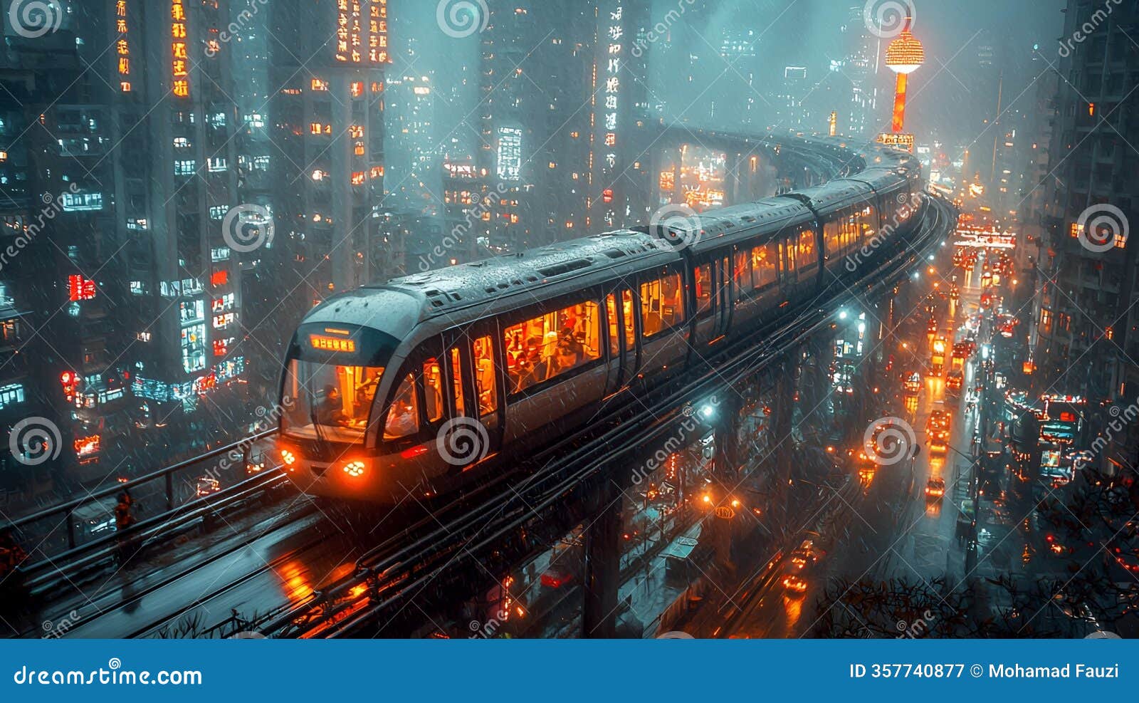 Futuristic City Train, Elevated Track, Night, Rain, Cityscape Stock ...