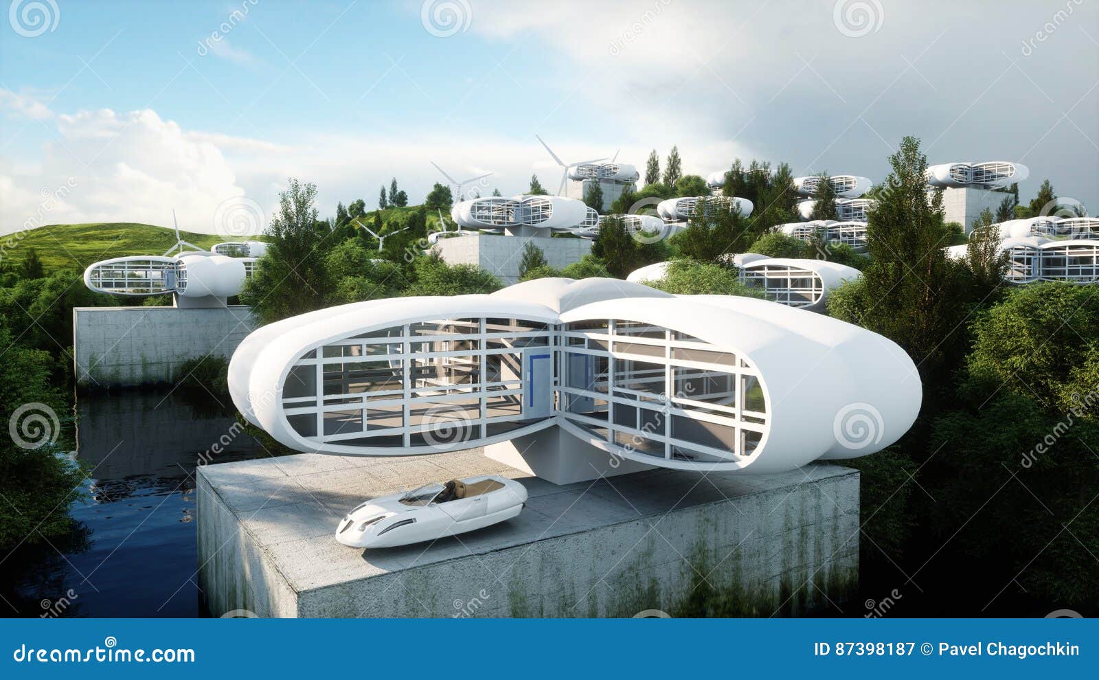 Futuristic City, Village. the Concept of the Future. Aerial View. 3d ...