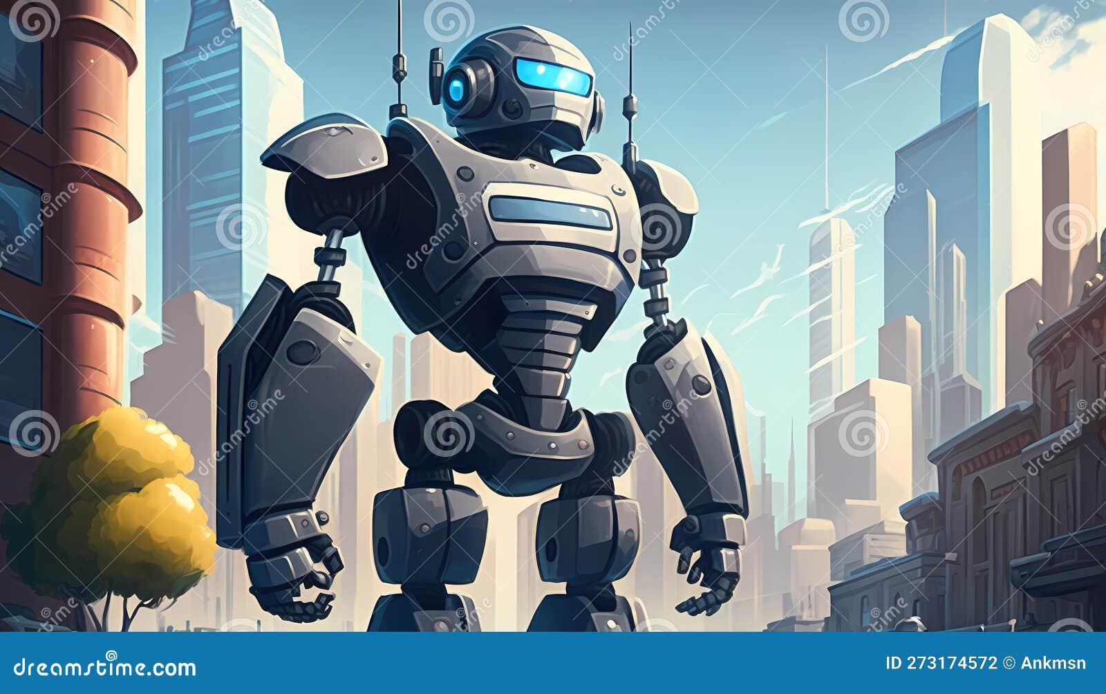 In a Futuristic Cityscape, a Cartoon Robot Assistant Helps the ...
