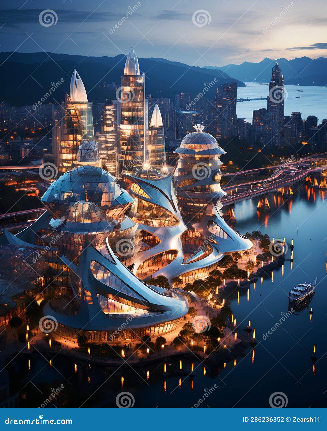 Along A Modern Waterfront, A Futuristic Architecture Cityscape Emerges ...