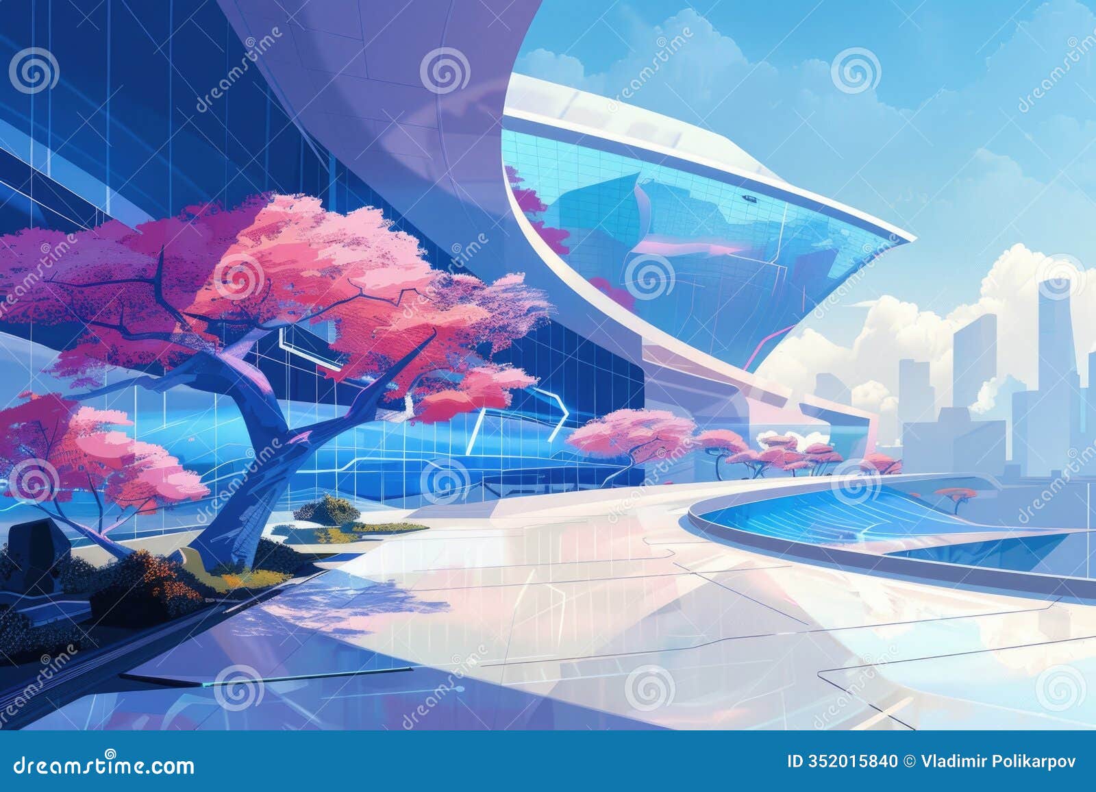 A Futuristic Cityscape with Cherry Trees in the Foreground. Ideal for ...