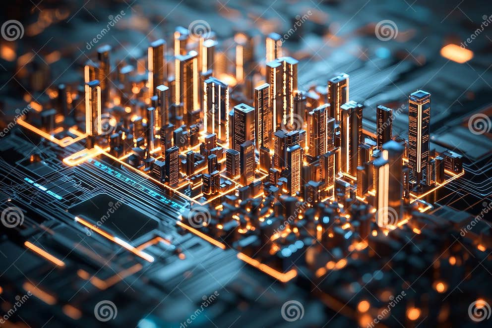 Futuristic Cityscape on a Computer Circuit Board Glowing Elements Hightech Aesthetic Stock ...