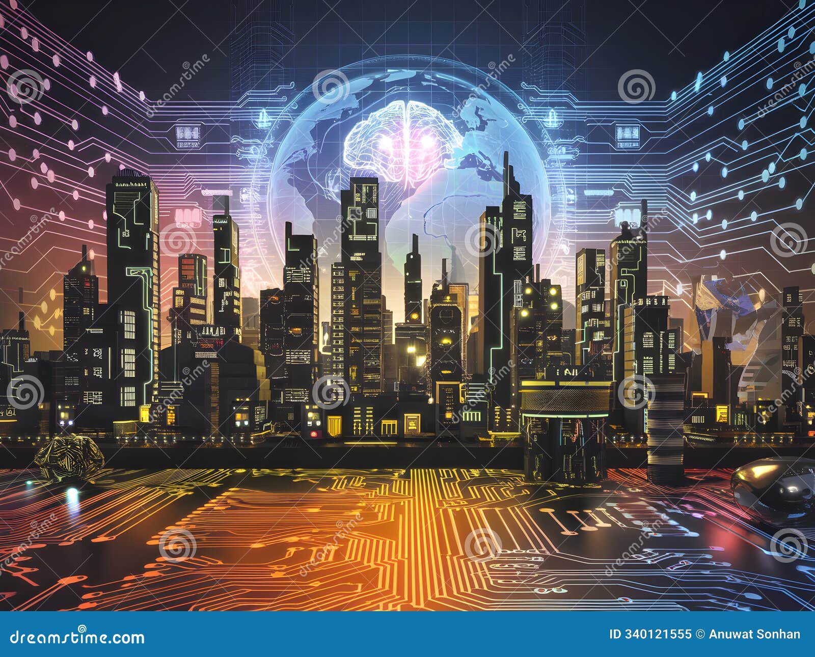 Futuristic Cityscape with Digital Circuit Overlay and Globe Background ...