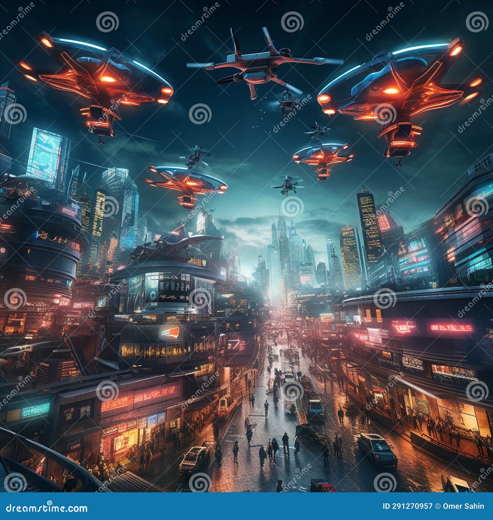 Futuristic Cityscape with Drones and Advanced Surveillance Technology ...