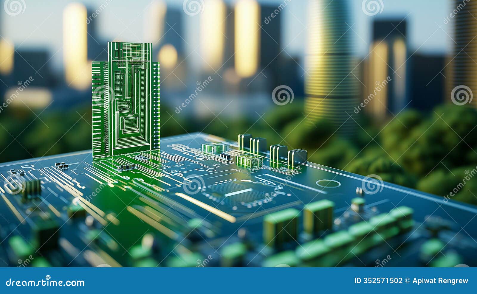 Futuristic Cityscape Featuring Green Circuit Board with Towering ...