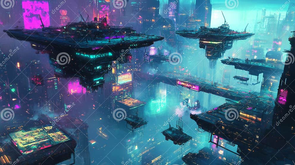 Futuristic Cityscape with Floating Platforms and Neon Lights Stock ...