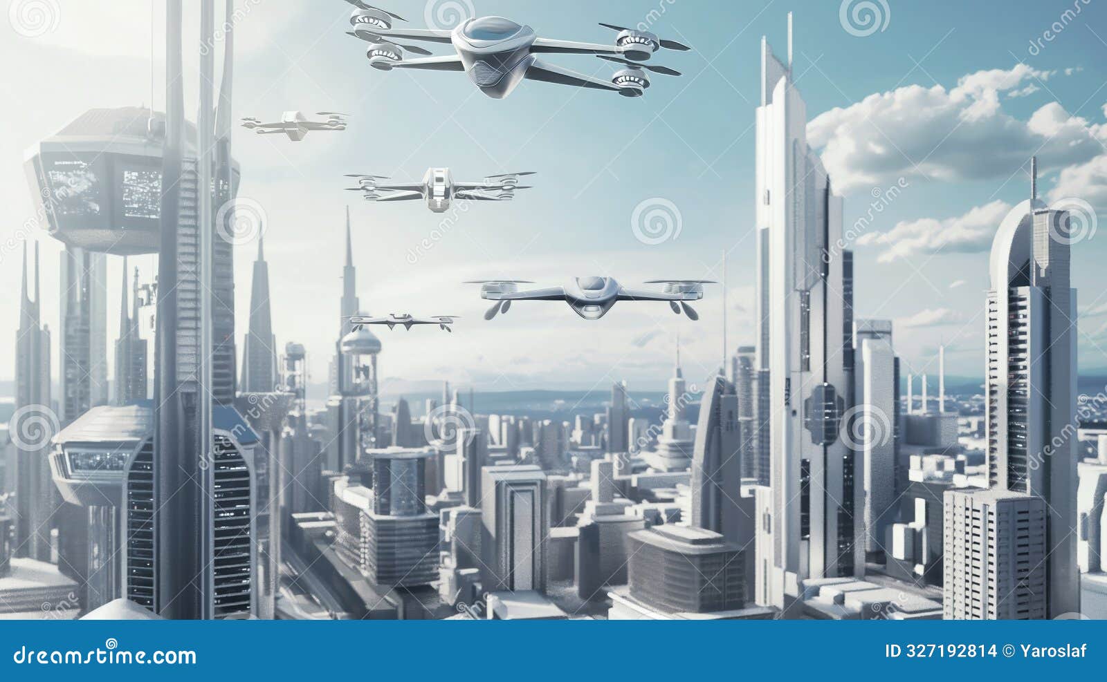 The Futuristic Cityscape with Flying Drones, High-tech Buildings, and ...