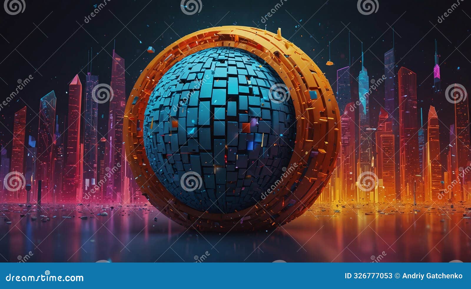 Futuristic Cityscape with a Giant Spherical Structure Composed of ...