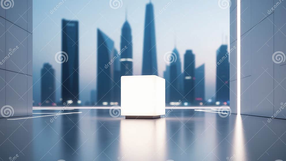 Futuristic Cityscape with a Glowing Cube. Stock Photo - Image of ...
