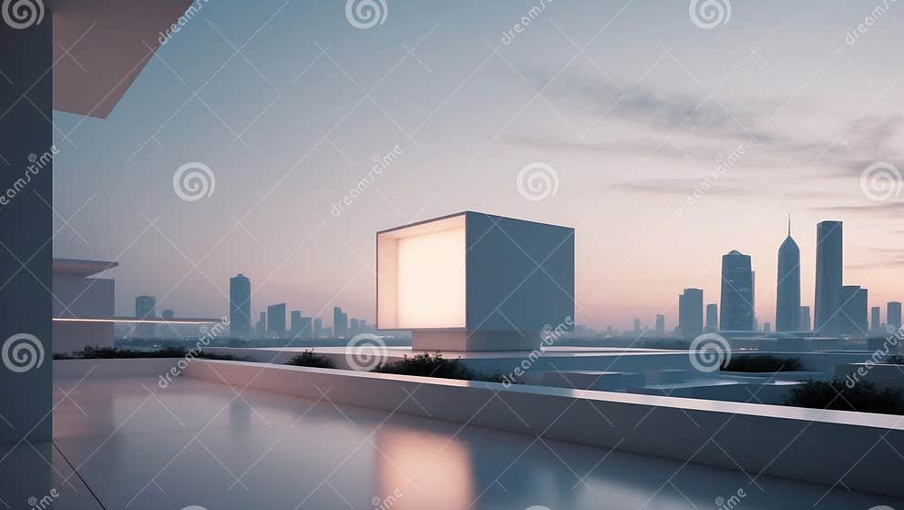 Futuristic Cityscape with Glowing Cube Structure. Stock Image - Image ...