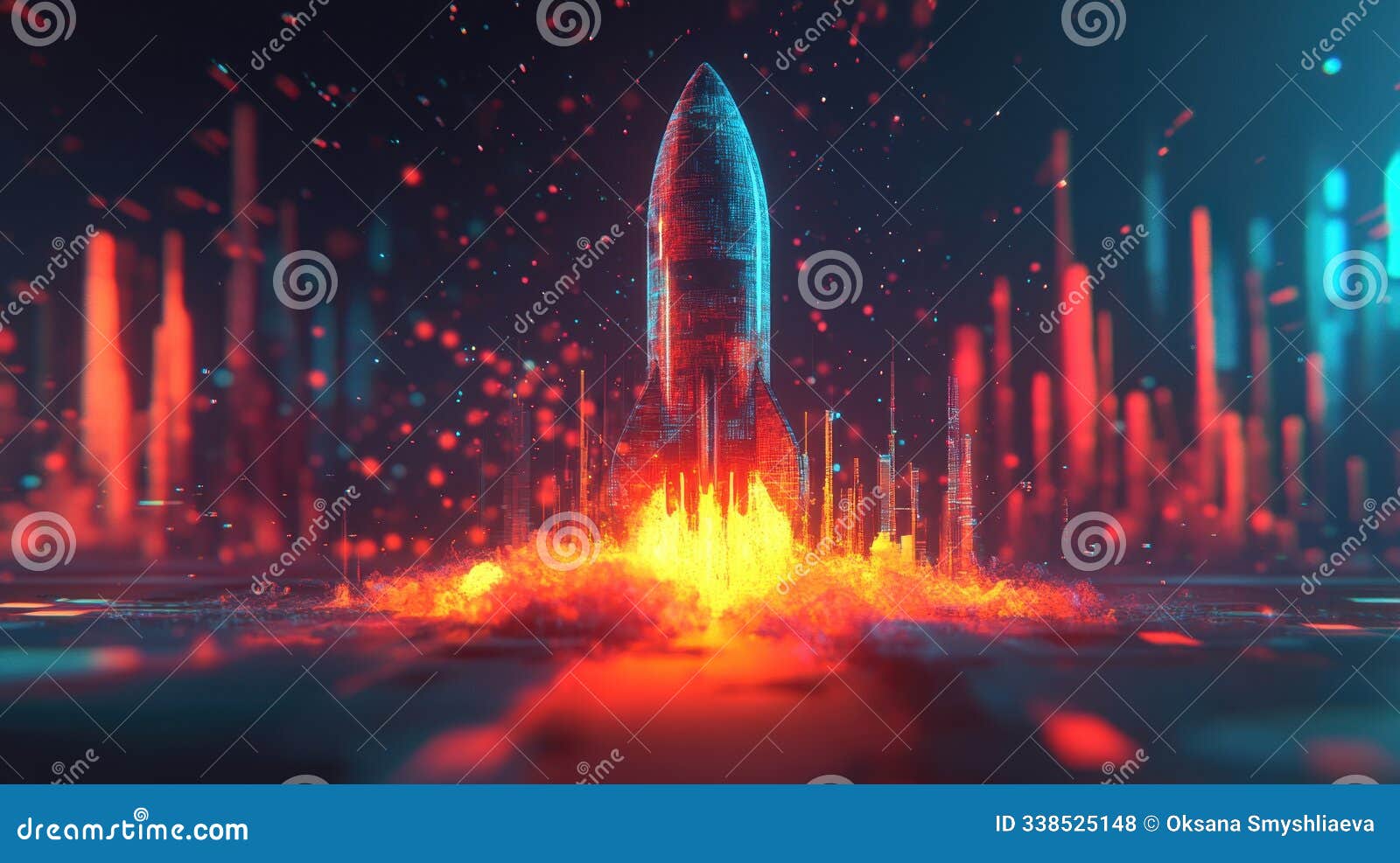 Futuristic Cityscape with Glowing Rocket Launch at Night Stock Photo ...