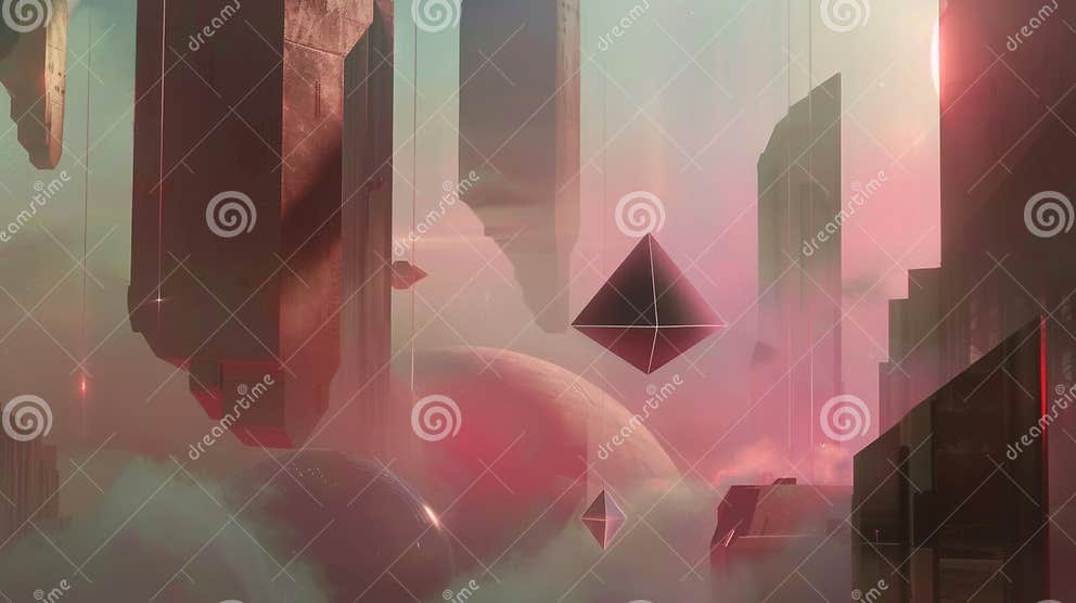 Futuristic Cityscape with Hovering Pyramids and Red Planet Stock Photo ...