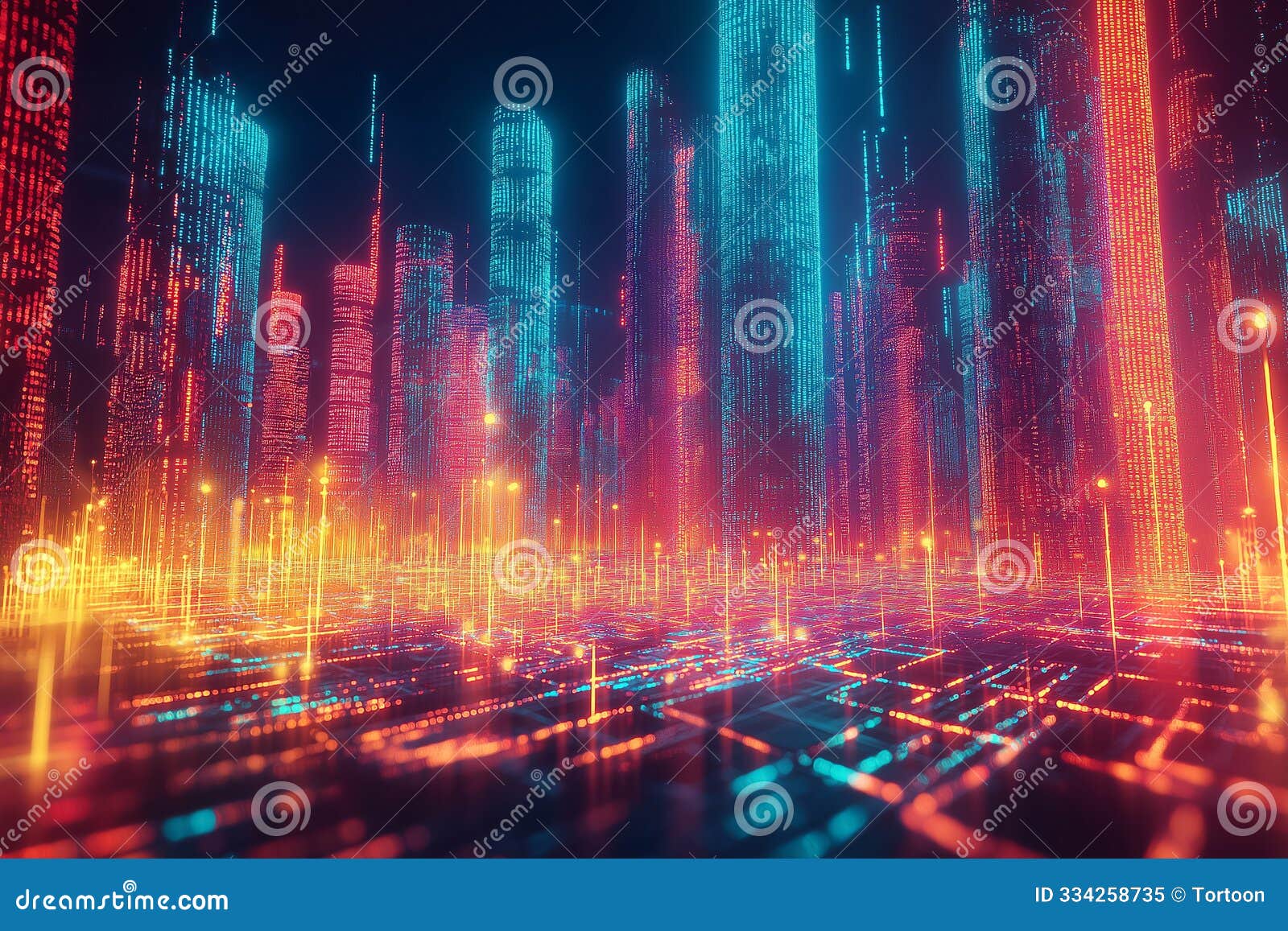 A Futuristic Cityscape Made of Glowing Digital Skyscrapers, Symbolizing Data Flow and Advanced ...