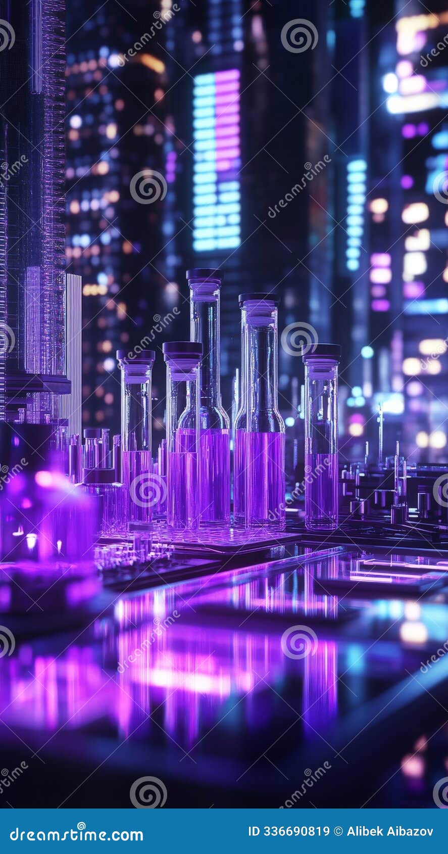 Futuristic Cityscape with Neon Lights and Test Tubes in a Science ...