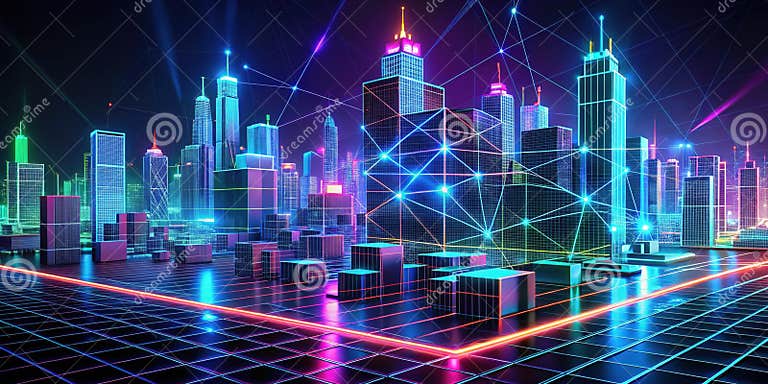 Futuristic Cityscape Network a 3D Visualization of a NeonLit Urban ...