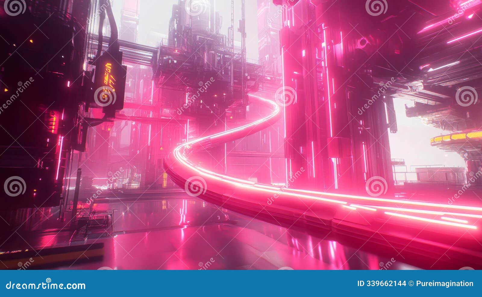 Futuristic Cityscape with Pink Neon Lights and Curved Pathway Stock ...