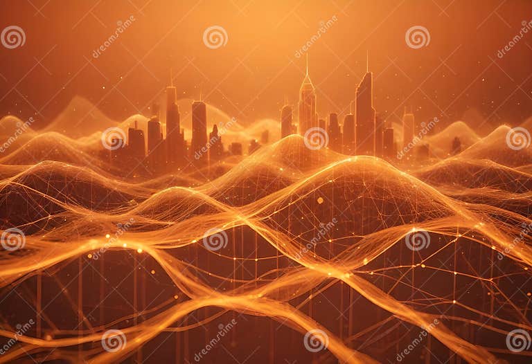 A Futuristic Cityscape Rendered As a Glowing Orange Network of Lines ...